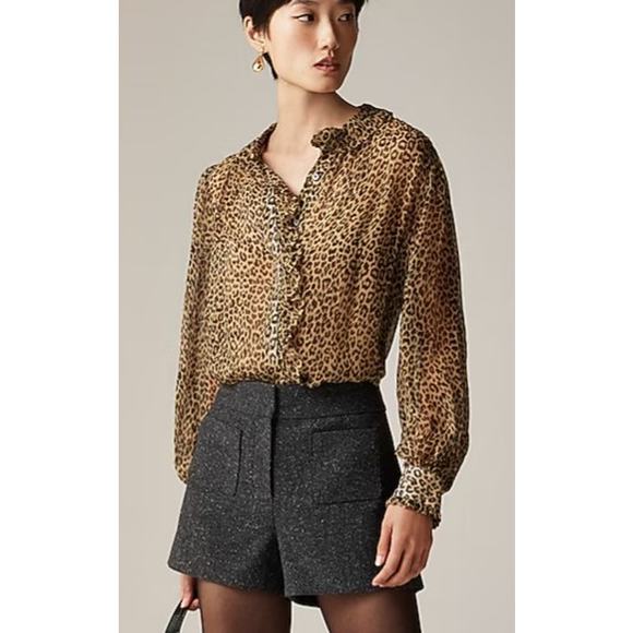 J. Crew | Tops | J Crew Ruffle Leopard Crinkle Chiffon Blouse Nwt Sz 8 ...